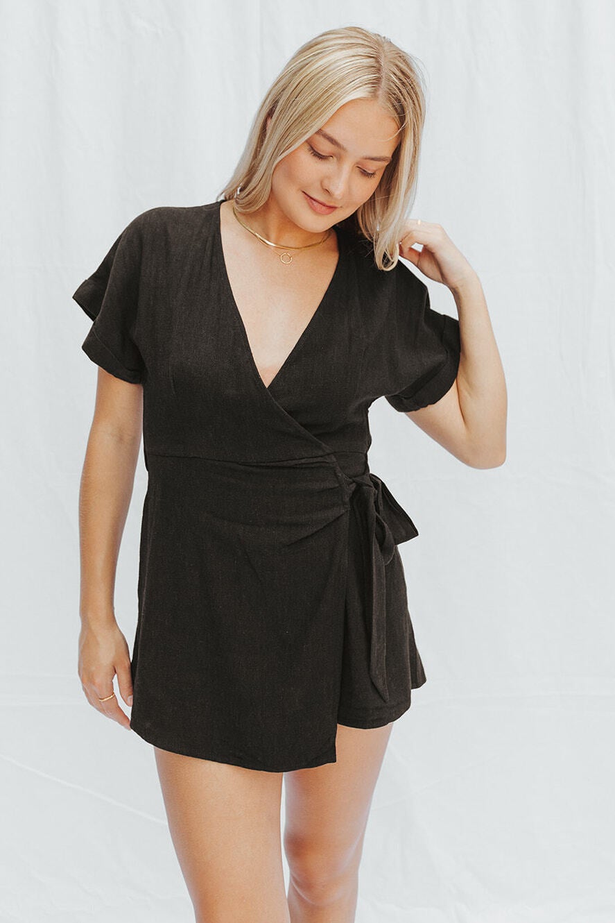 Blake Linen Romper in Black | Grace + Gather